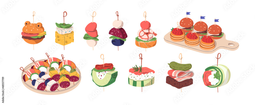 Finger food, canape set. Party appetizers, banquet starters. Fingerfood ...