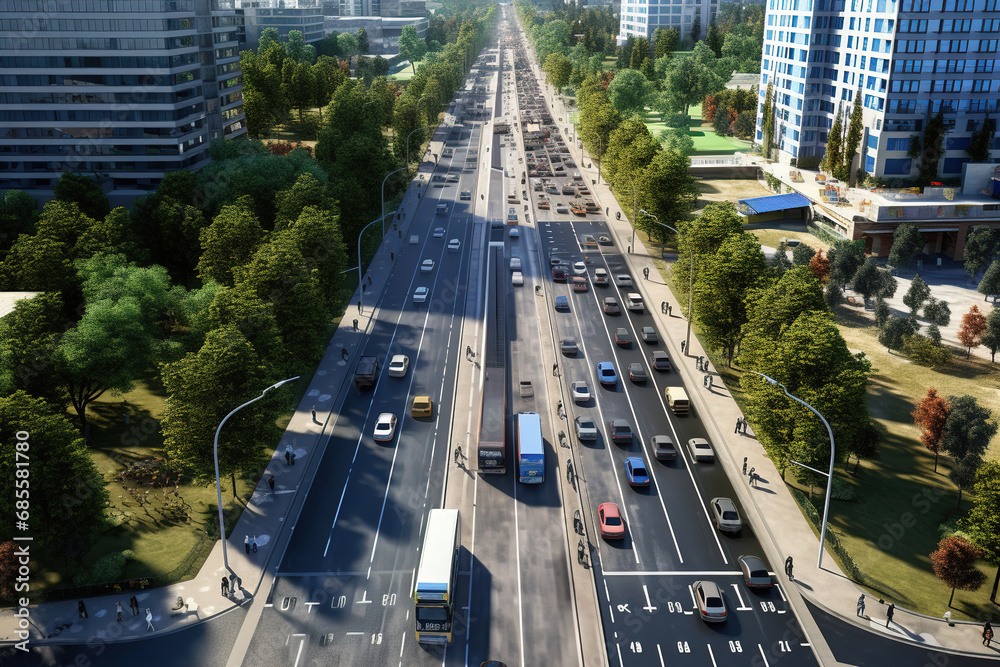 Top view from above on a city street speed highway with cars and buses ...