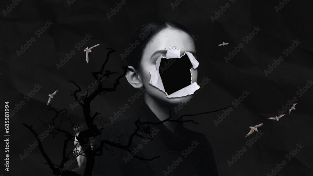Collage, zine art, illustration of depression. Portrait of a sad girl ...