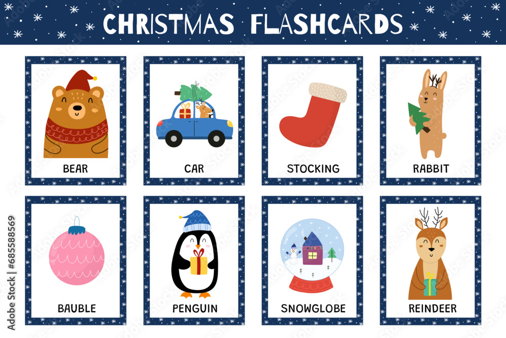 Christmas flashcards collection for kids. Flash cards set with cute ...