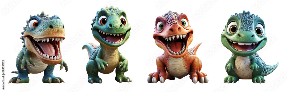 3d illustration set of t rex dinosaur cartoon characters on transparent ...