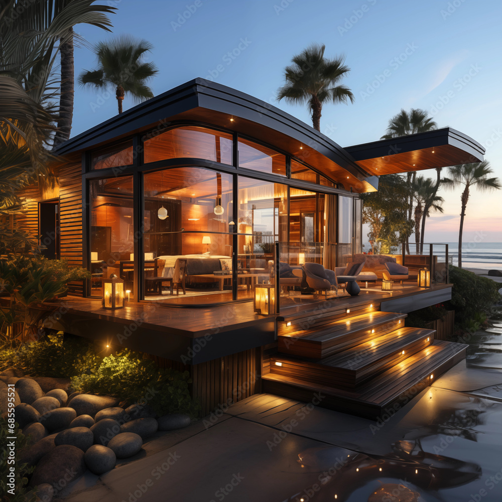 A realistic wooden modern tiny house with flat roof and big windows all ...