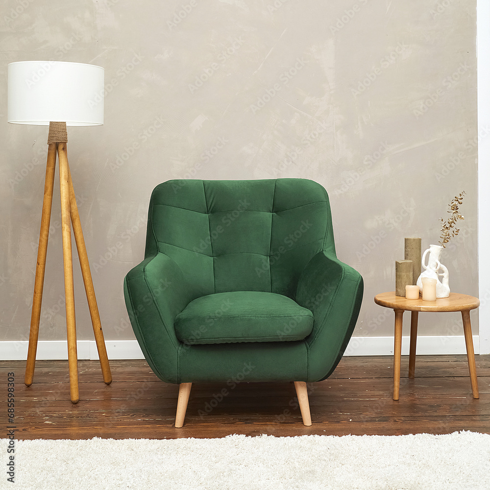 Modern green fabric armchair with wooden legs, front view. furniture ...