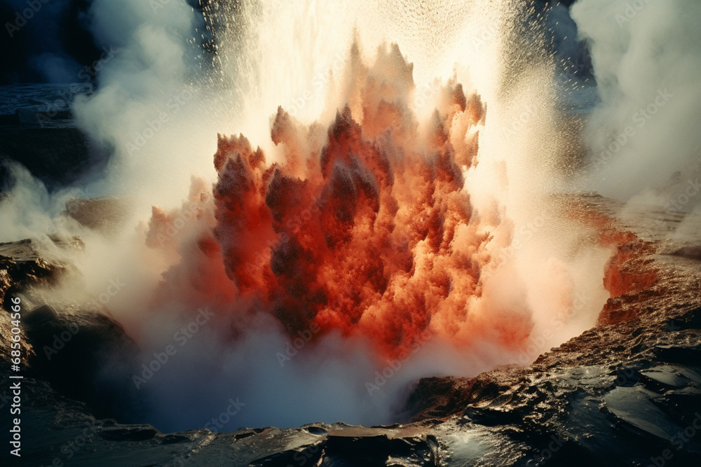 Powerful eruption of a geyser, sending boiling water and steam into the ...