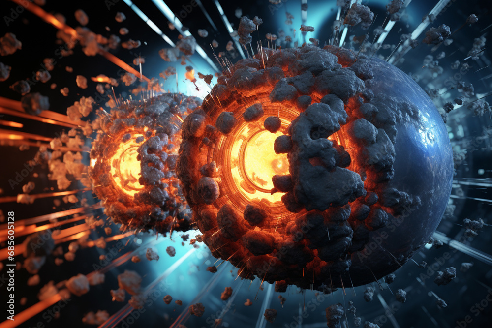 An illustration capturing the moment of subatomic particle collision ...