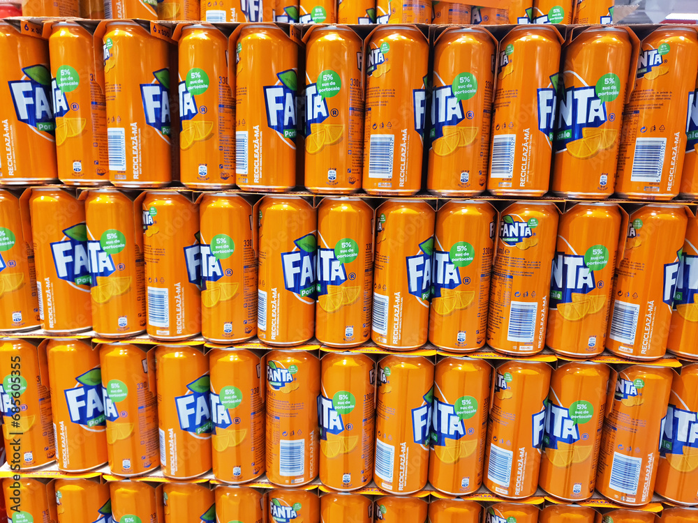 BUCHAREST, ROMANIA - NOVEMBER 27, 2023. Fanta orange carbonated soft ...
