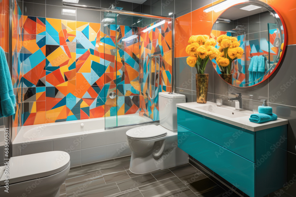 Fun and vibrant pop art bathroom, colorful tiles, and creative wall ...