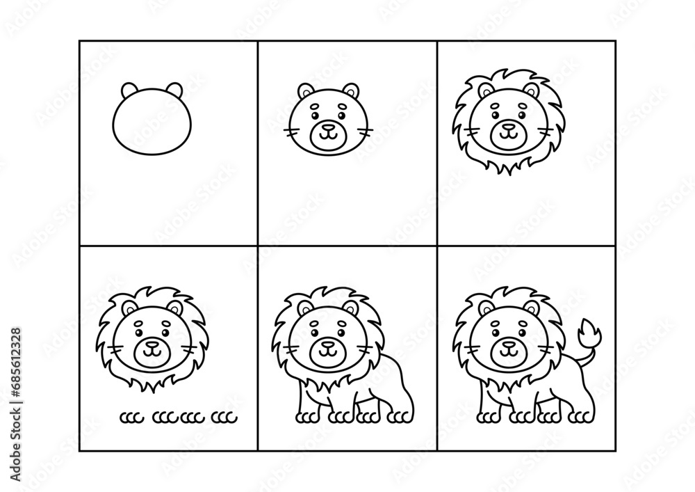 Lion. Step by step drawing. Coloring page, coloring book page. Black ...