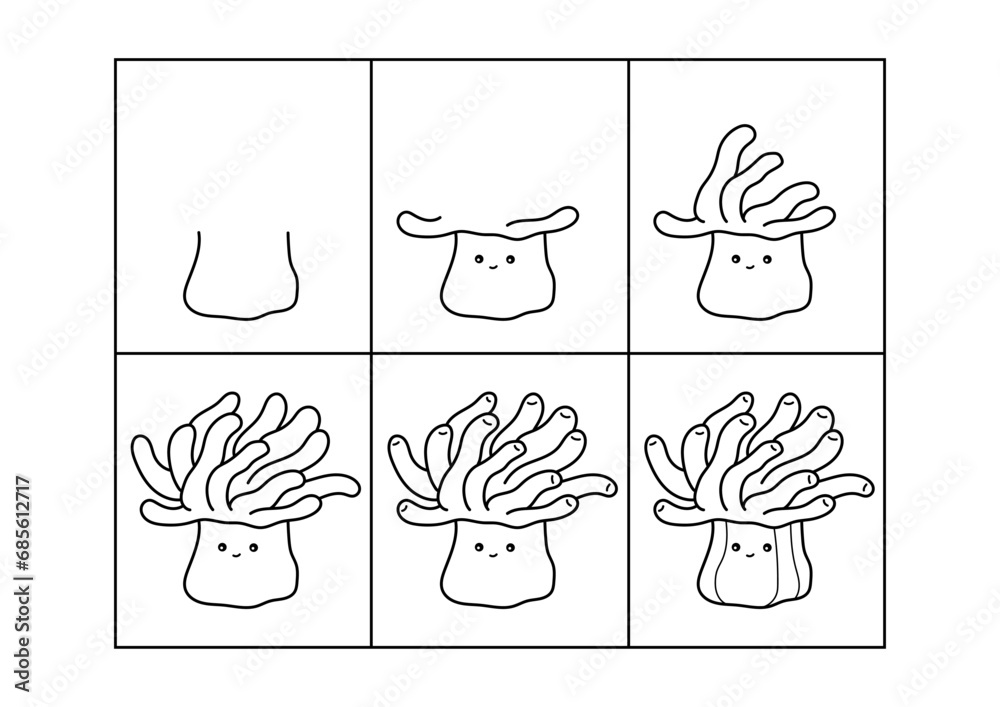 Sea anemone. Step by step drawing. Coloring page, coloring book page ...
