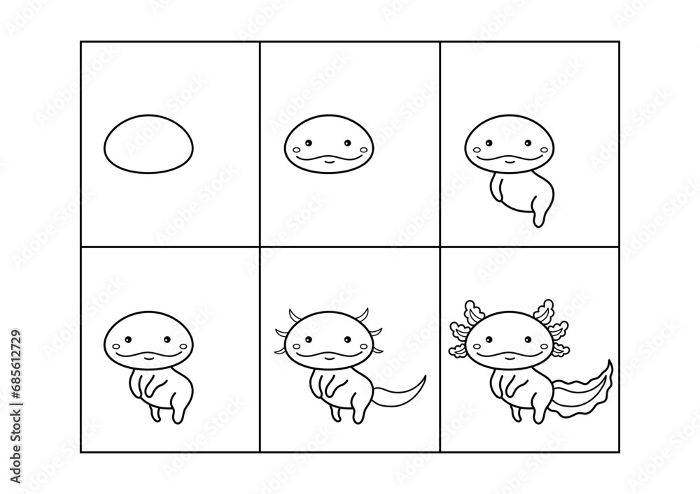 Axolotl. Step by step drawing. Coloring page, coloring book page. Black ...