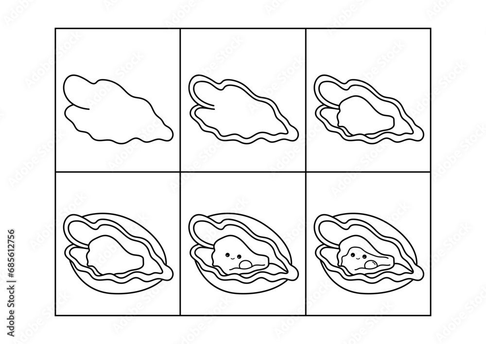 Clam. Step by step drawing. Coloring page, coloring book page. Black ...