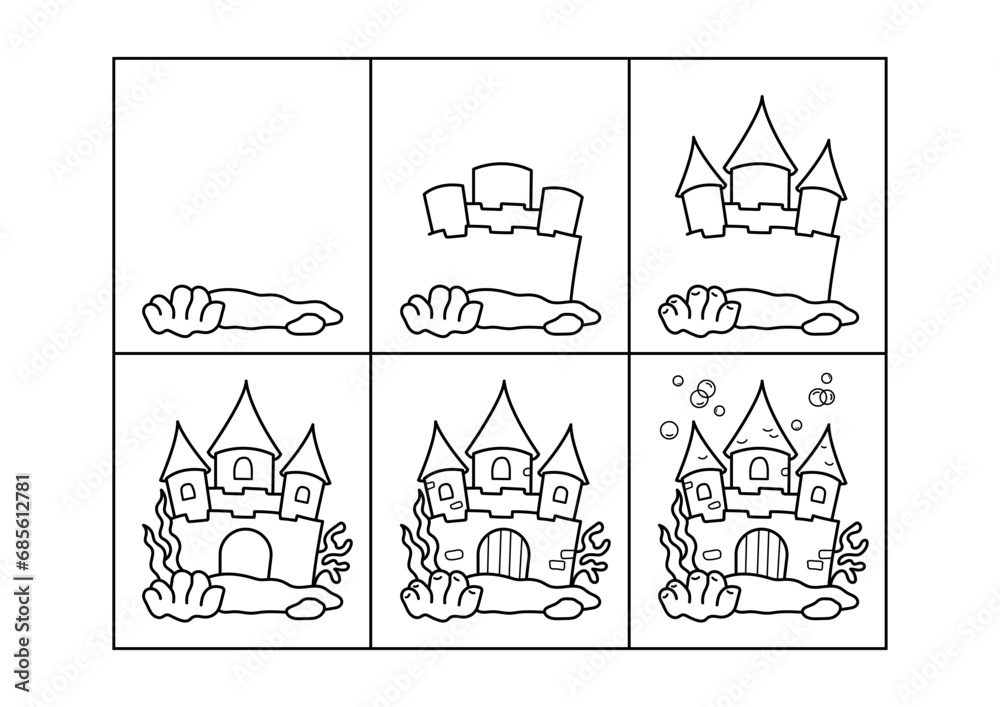 Underwater Castle. Step by step drawing. Coloring page, coloring book ...