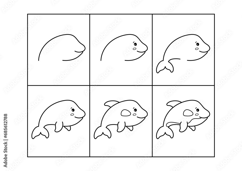 Orca. Step by step drawing. Coloring page, coloring book page. Black ...