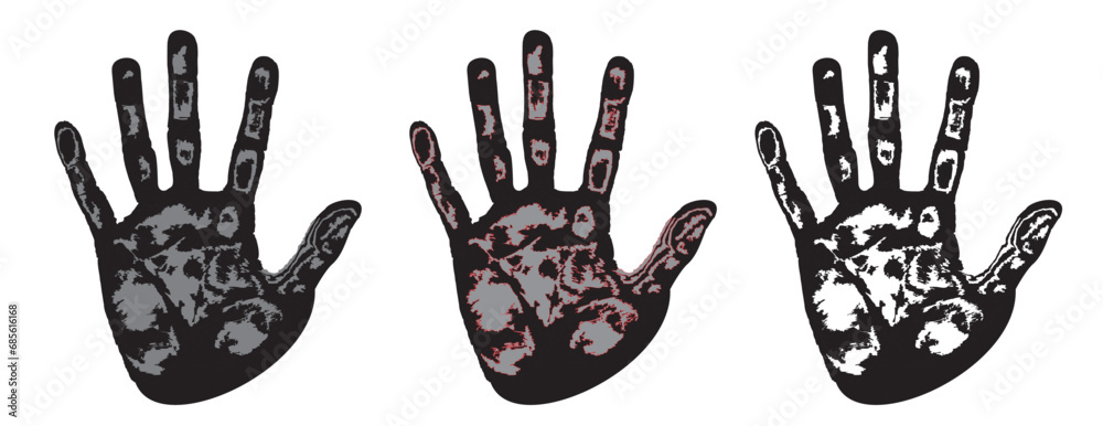 Hand paint print, isolated white background. Red human palm and fingers ...