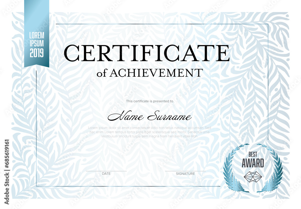 Modern light silver certificate template with blue silver floral ...