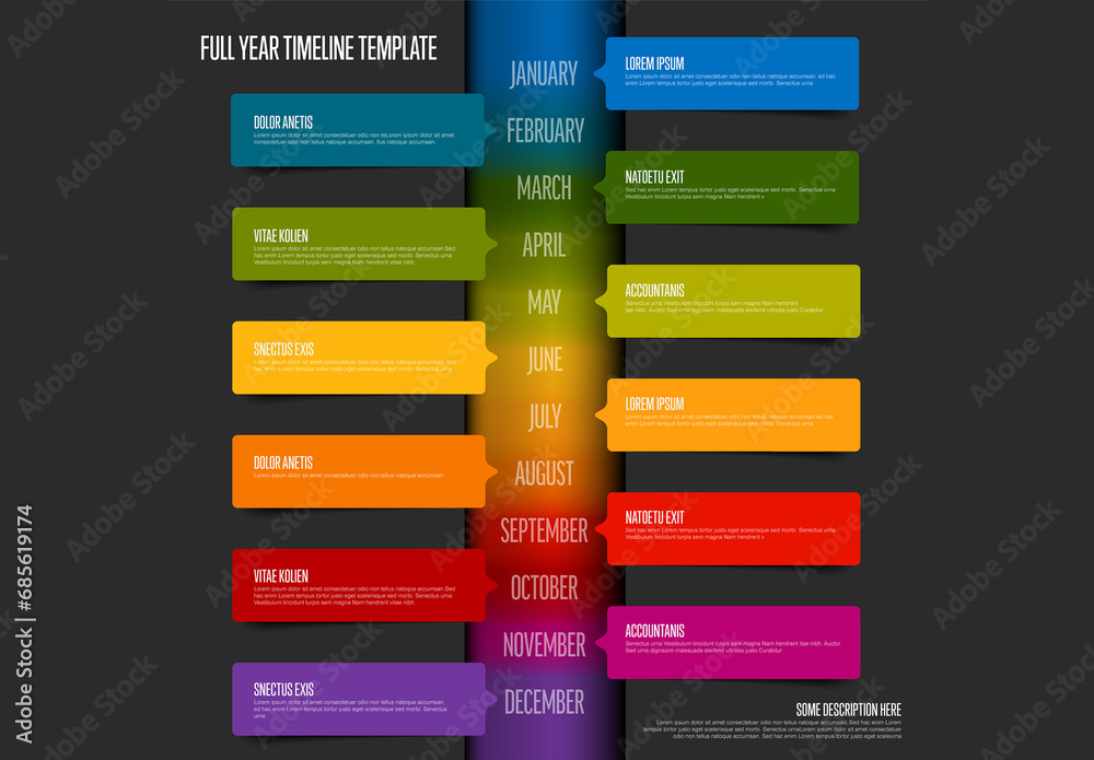 Rainbow full year vertical timeline template with color bubbles Stock ...