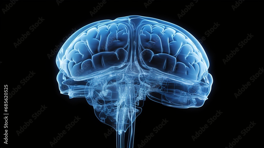 Blue-toned brain x-ray on dark background, A radiological insight into ...
