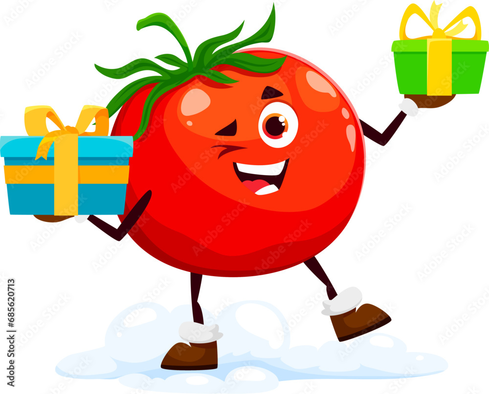 Cartoon Christmas tomato with Santa gift boxes, vector vegetable ...