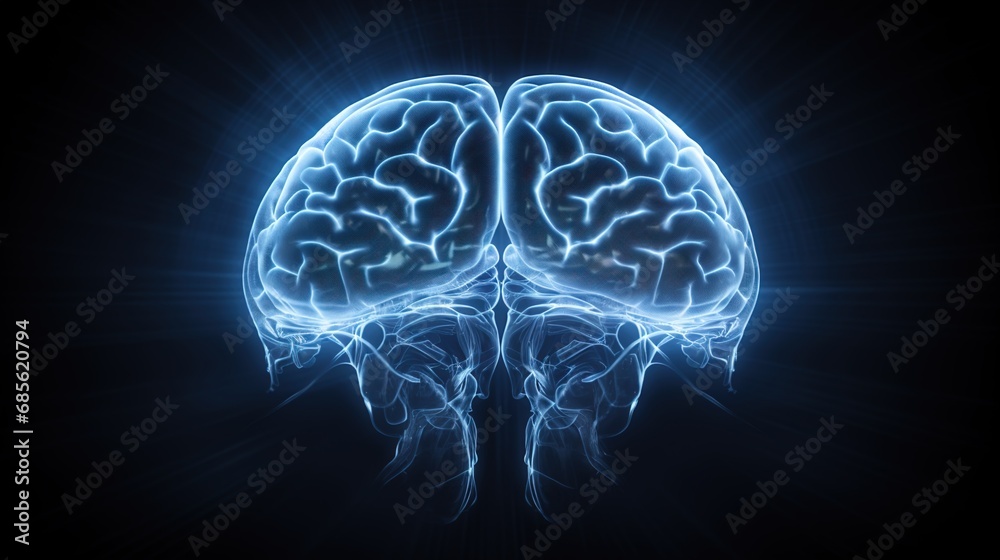 Blue-toned brain x-ray on dark background, A radiological insight into ...