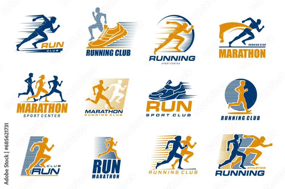 Marathon run sport icons with runner men and women, athletic shoes and ...