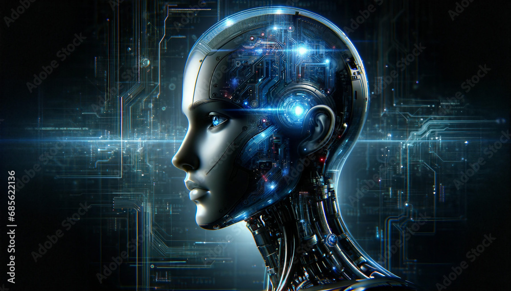 Advanced cybernetic android profile with digital brain interface ...