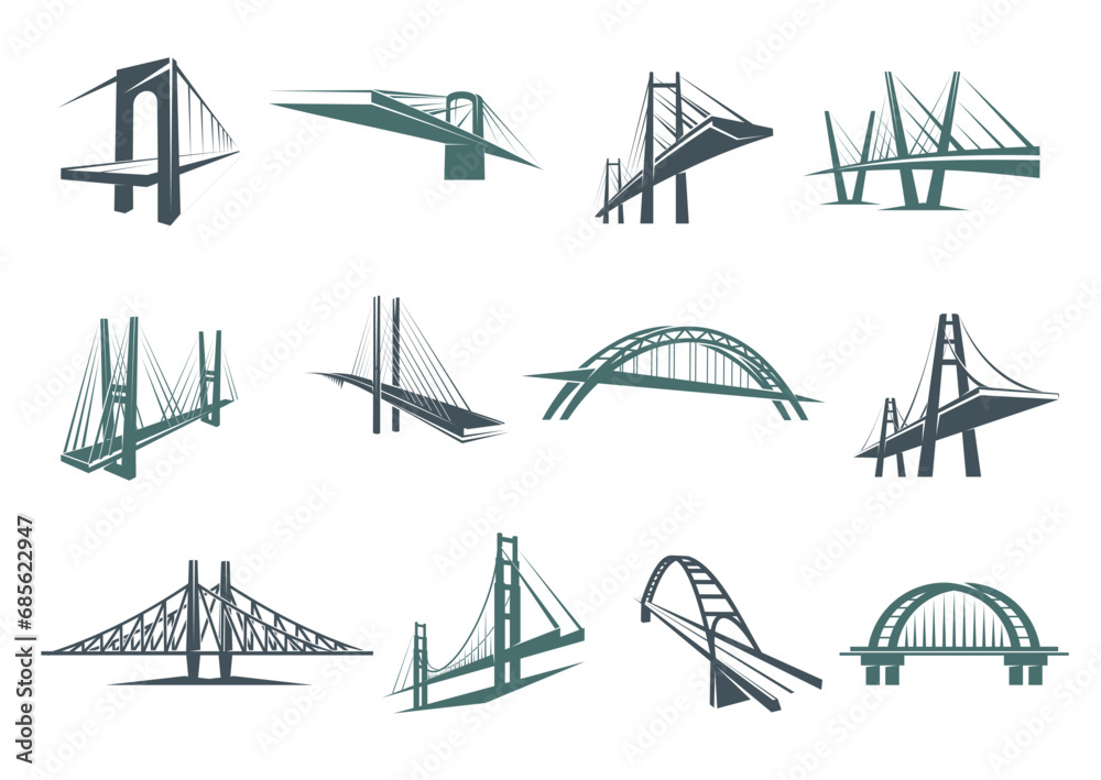 Bridge icons, vector city constructions of suspension, tied arch and ...