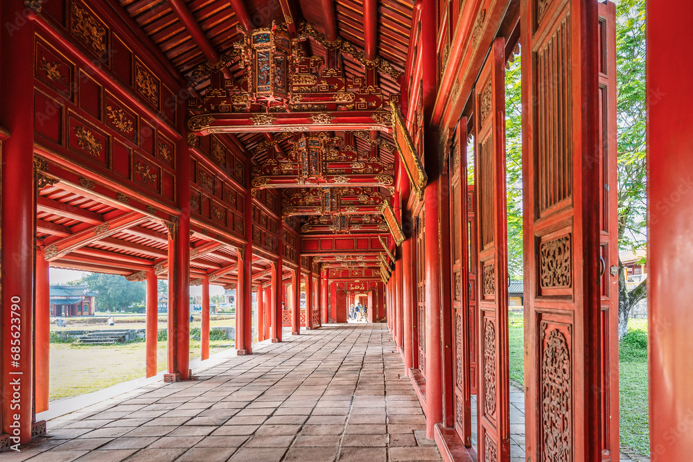 HUE, VIETNAM , Red colored wooden porch in the imperial city of Hue ...