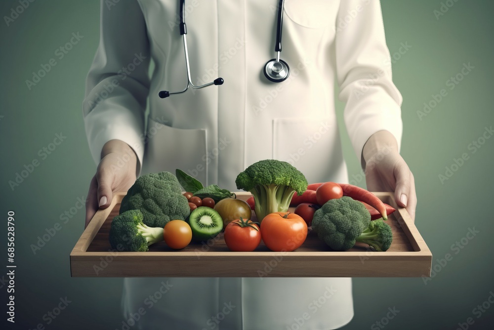 Female doctor with stethoscope holding a tray with fruits and ...