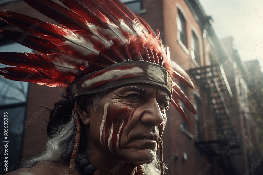 Indian chief with feather crown on city street. Native tribal headman ...