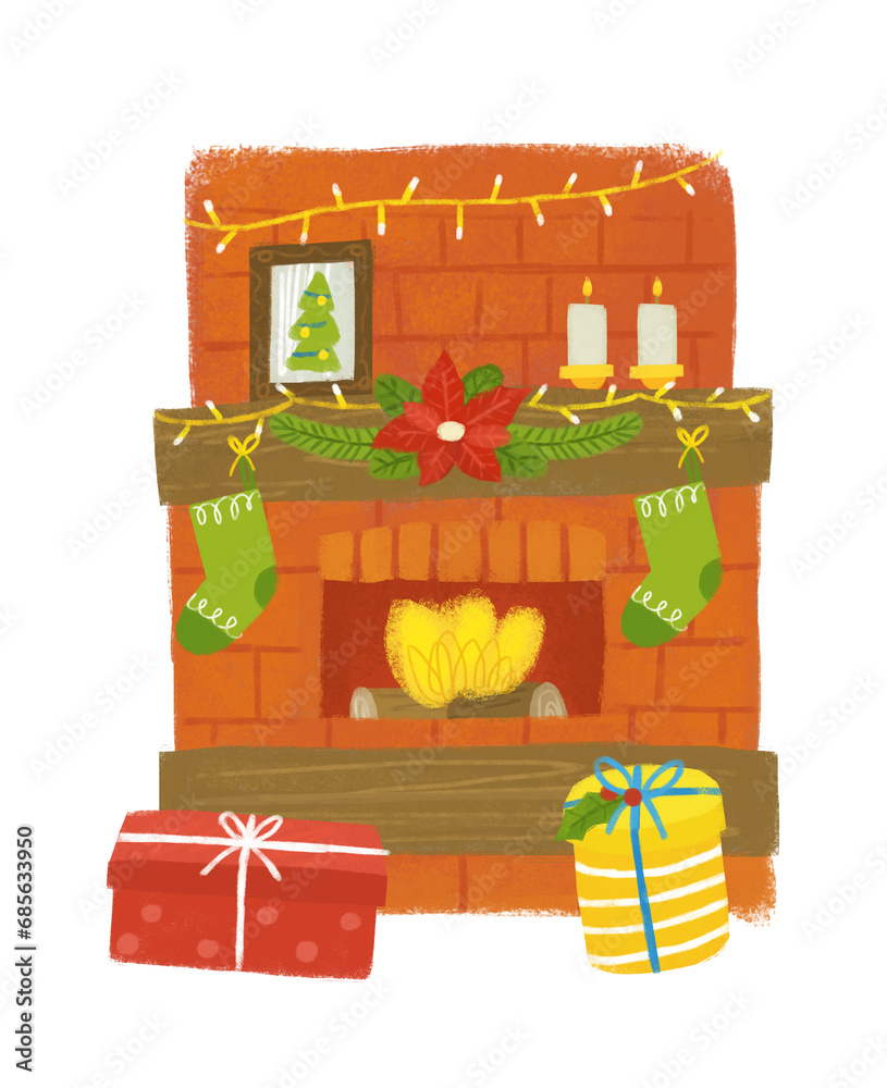 cartoon happy christmas scene with decorated warm fireplace chimney ...