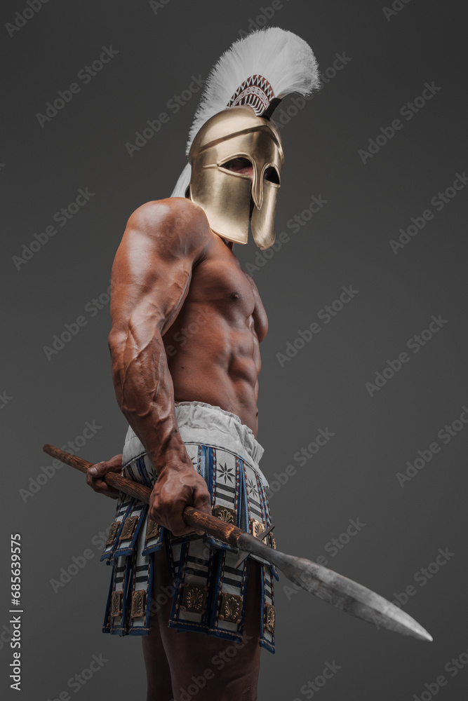 An impressive portrait of a bare-chested ancient Greek hoplite, wearing ...