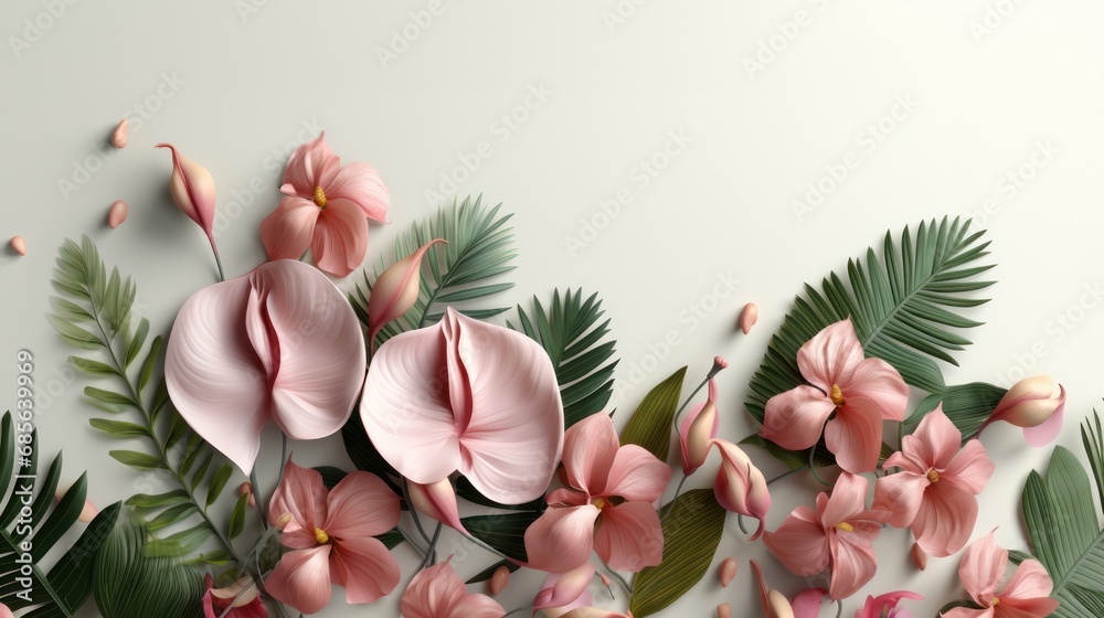 Anthurium flamingo flower plant with leaves on bright pastel background ...