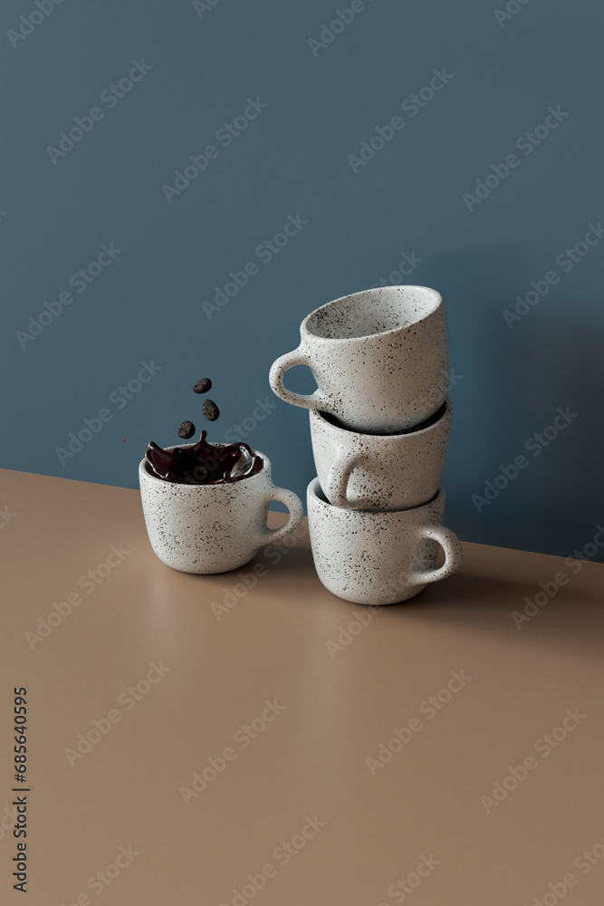 3D render of coffee beans falling into mug of coffee standing by stack ...