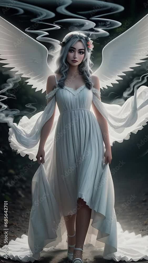 Angel Nymph with Flowing White Dress. Generative AI. Smokey animation ...