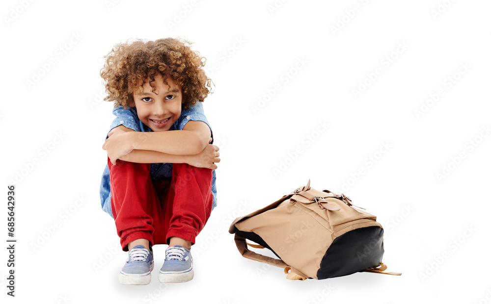 Happy, education and portrait of child with bag on isolated, png and ...