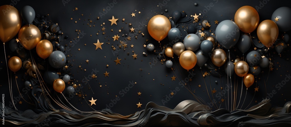 Elegant Black and Gold Party Background with Balloons and Stars - A ...