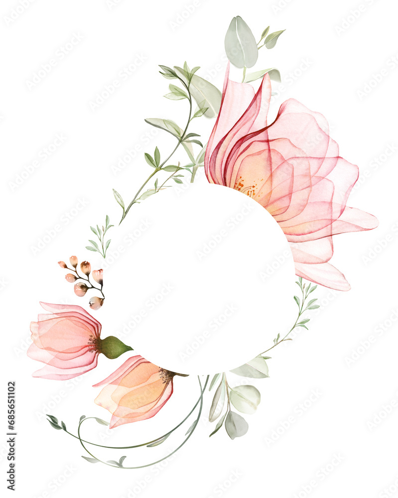 Watercolor floral banner with round place for text. Bouquet with big ...