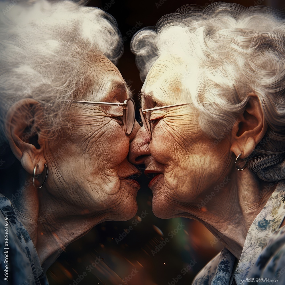 Two White Old Lesbian Grandmas Kissing Lgtbq Cute Elderly Women