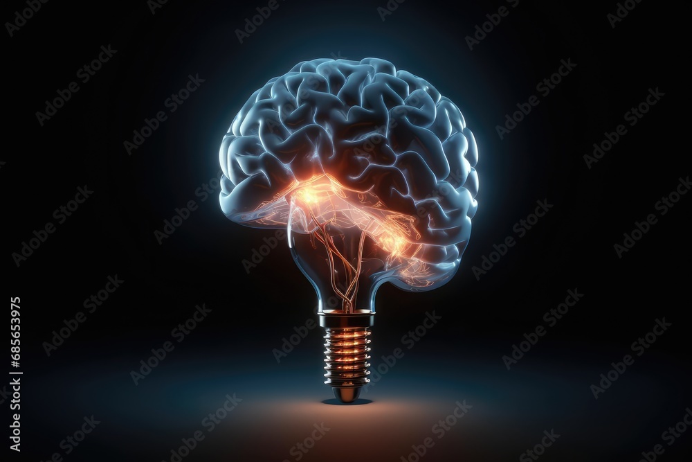 Human brain light bulb with fire, long-term memory, storage of ...