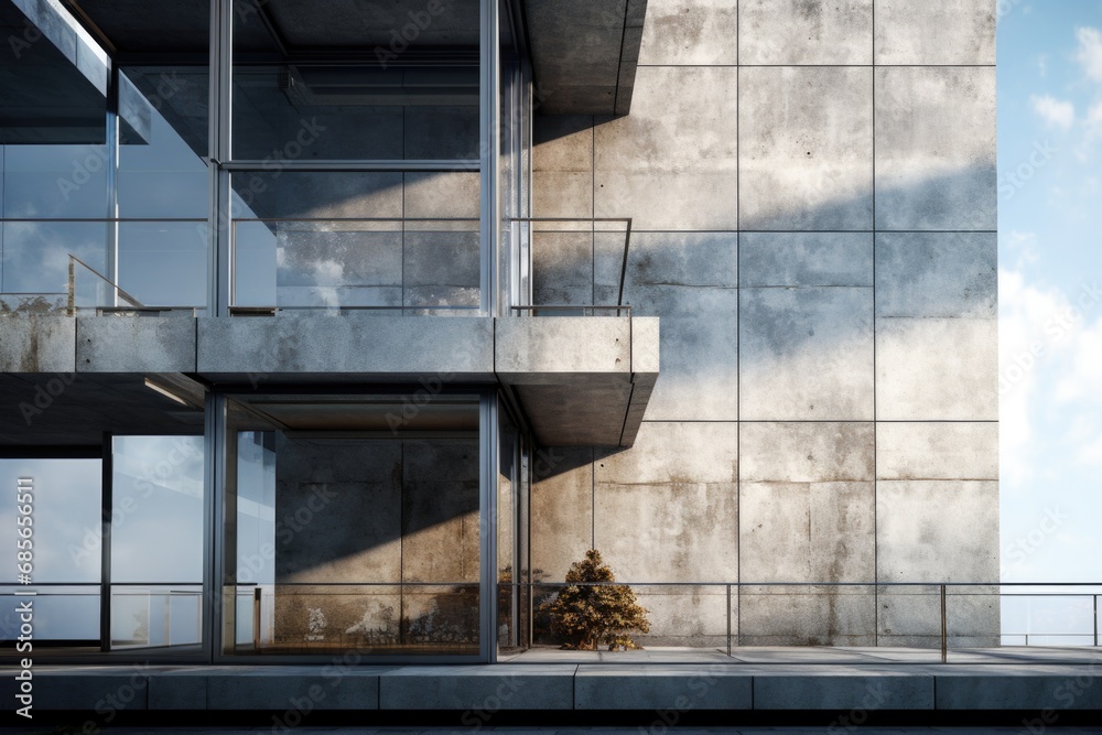 A picture of a concrete building with a tree in front of it. This image ...