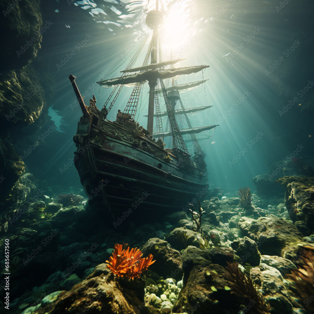 Sunken old wooden ship underwater, pirate ship shipwreck at sea Stock ...
