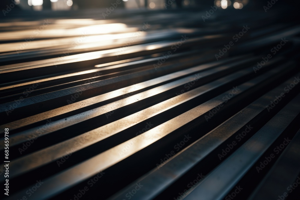 A detailed close-up view of a metal bench in a dimly lit room. This ...