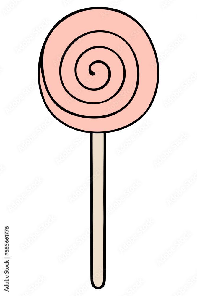 Candy pink caramel on a stick. The pattern on the candy is a swirling ...