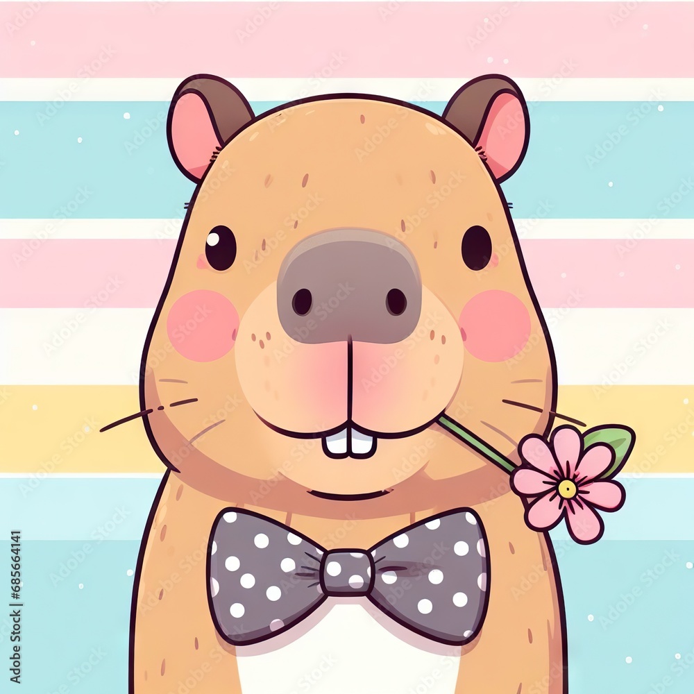 Cute capybara with butterfly holds flower in his hand on light ...