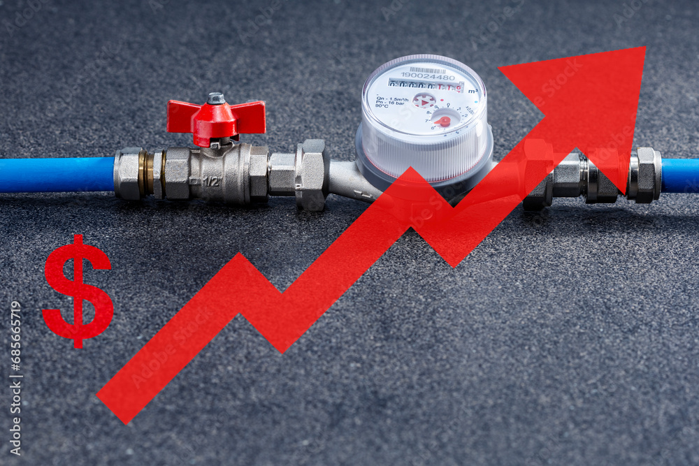 Rising water prices. Water pipeline system supply water and red growing ...
