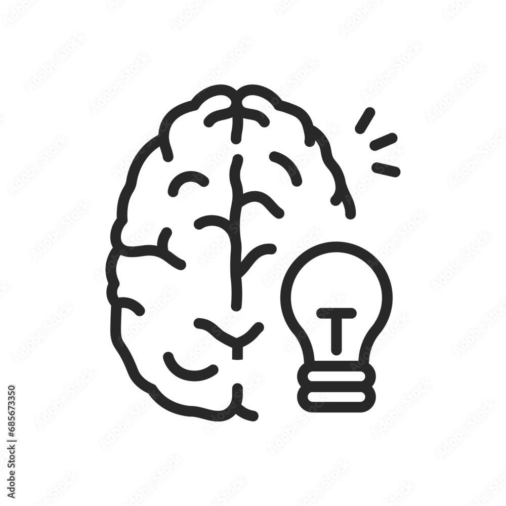 Consciousness Icon. Thin Linear Illustration of Brain with Lightbulb ...