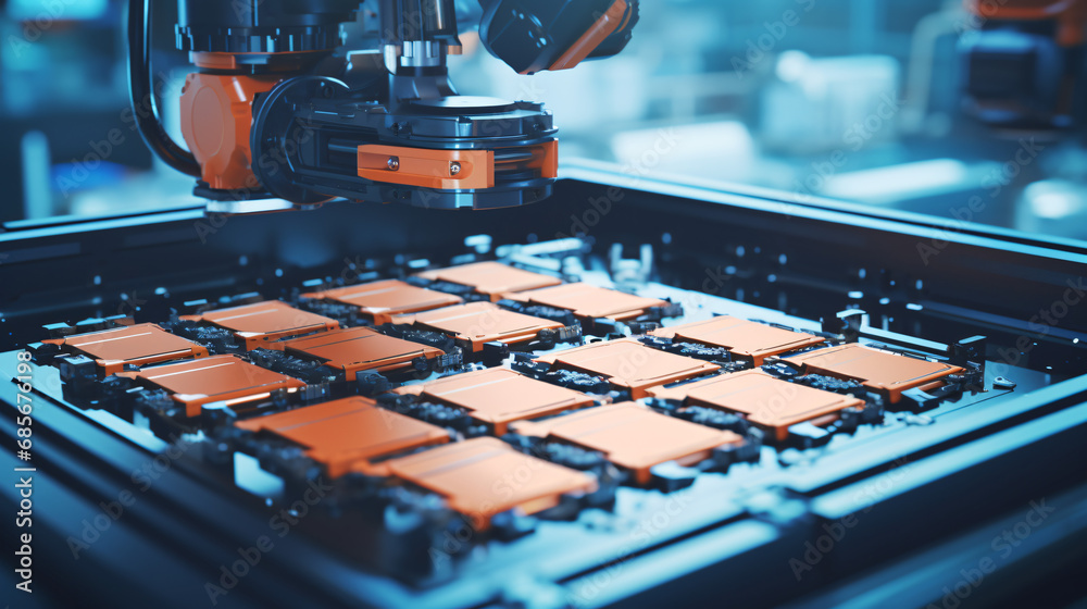 Robot assembly line with electric car battery cells Stock Photo | Adobe ...