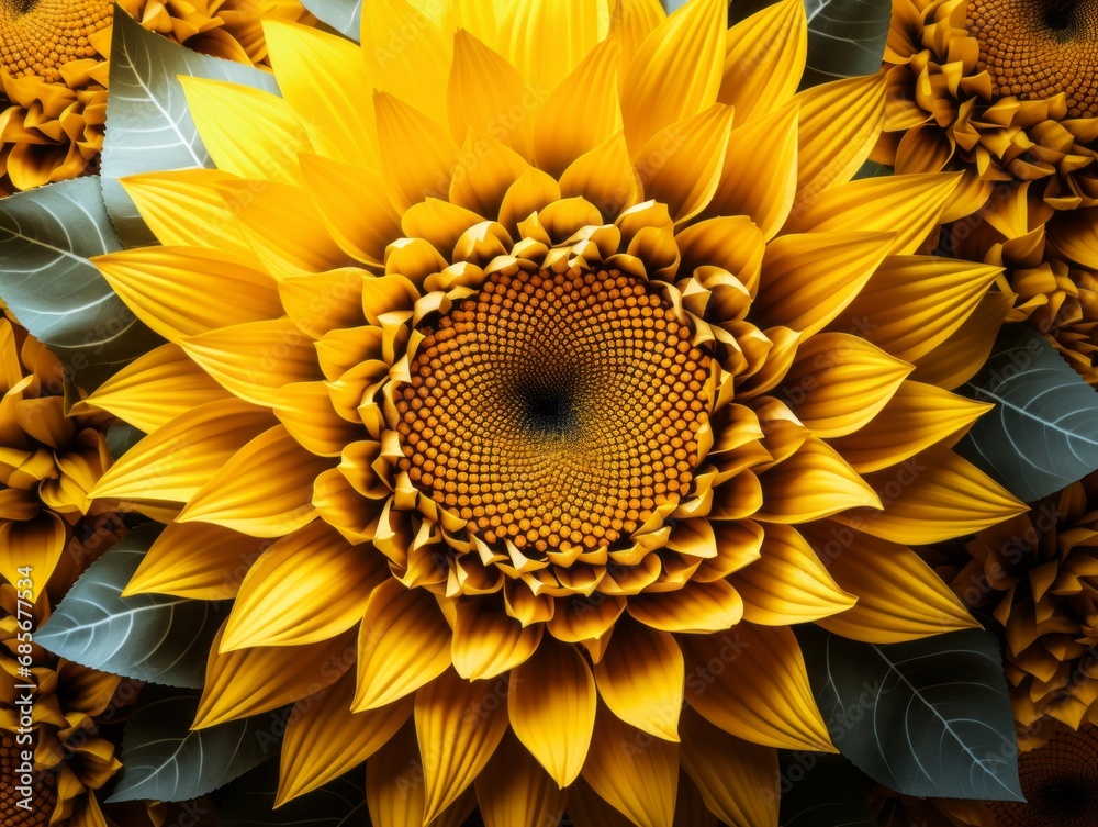 Radiant Sunflower Spiral: Photorealistic Still Life with White Circles ...