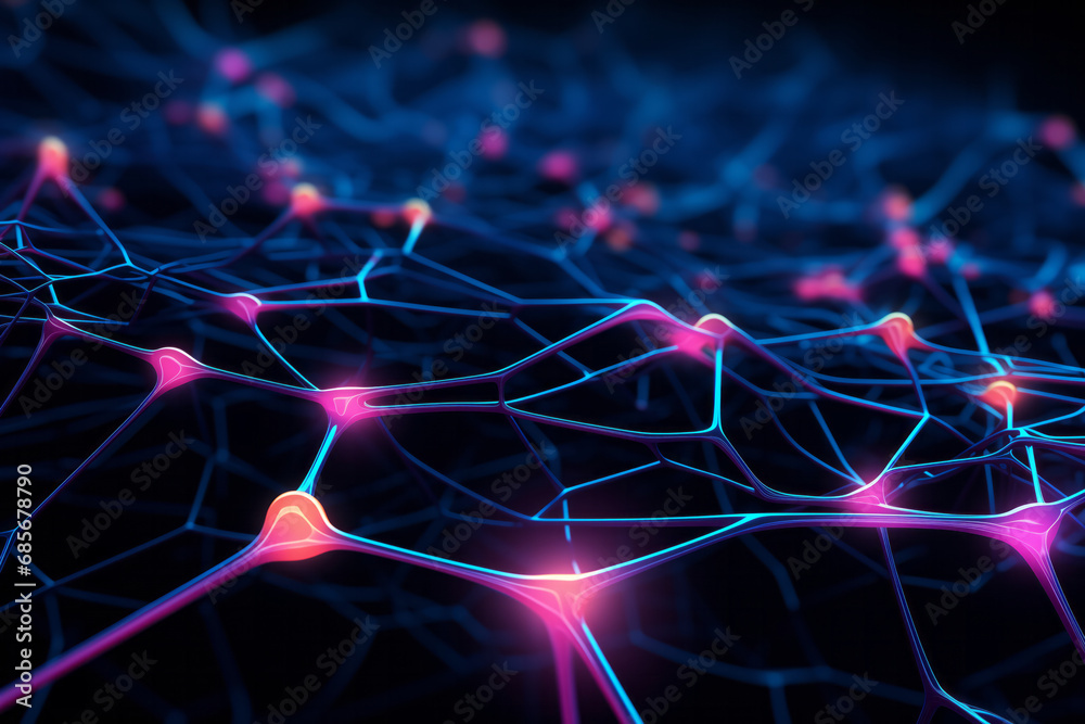 3D digital illustration of a neural network with interconnected nodes ...