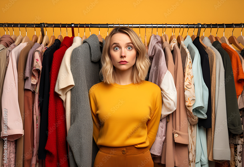 Hesitant woman shrugs shoulders feels unaware chooses perfect outfit ...